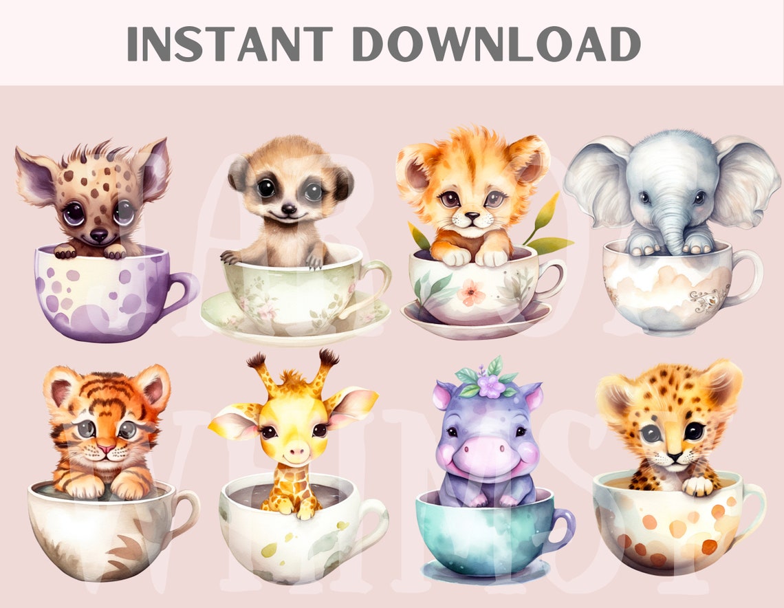 Watercolour Safari Animal Teacup Clipart Baby Animals PNG Digital Image ...