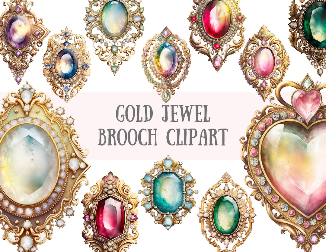 Watercolour Gold Jewel Brooch Clipart Gemstone Jewelry PNG Digital ...