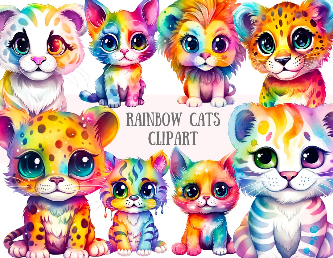 Watercolour Bright Rainbow Cats Clipart Kawaii Leopard PNG Digital ...
