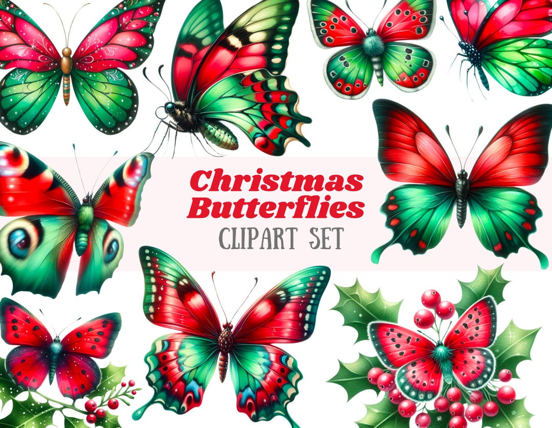 Watercolour Christmas Butterfly Clipart Red & Green Butterfly PNG ...