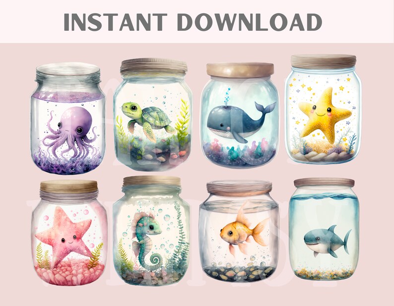 Watercolour Sea Creature Jars Clipart - Ocean Fantasy PNG Digital Image ...
