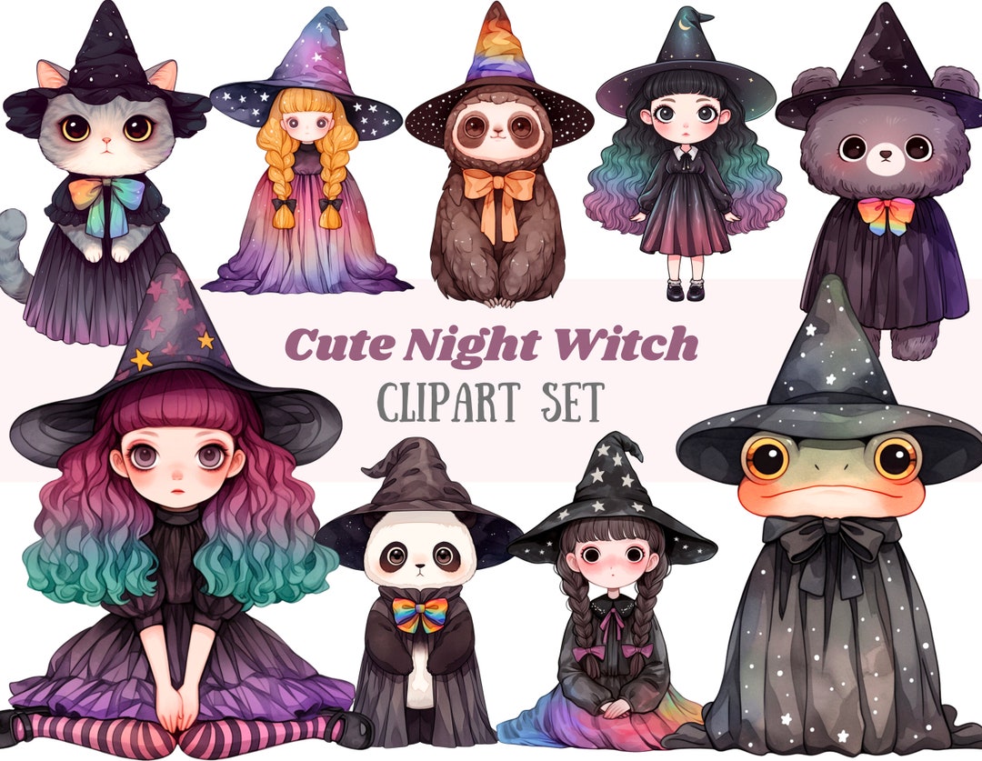 Watercolour Witch Clipart Cute Night Witch Girl and Animal PNG Digital ...