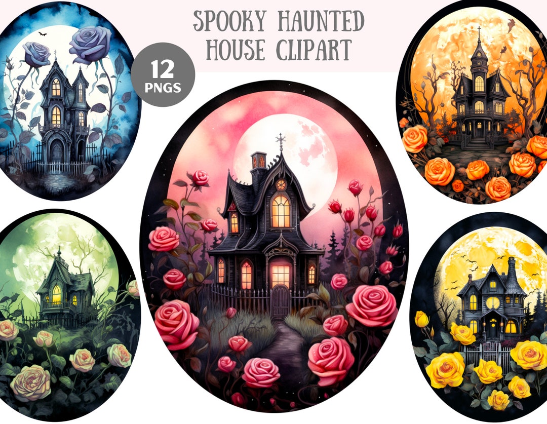 Watercolour Spooky Haunted House Clipart Halloween Cottages PNG Digital ...