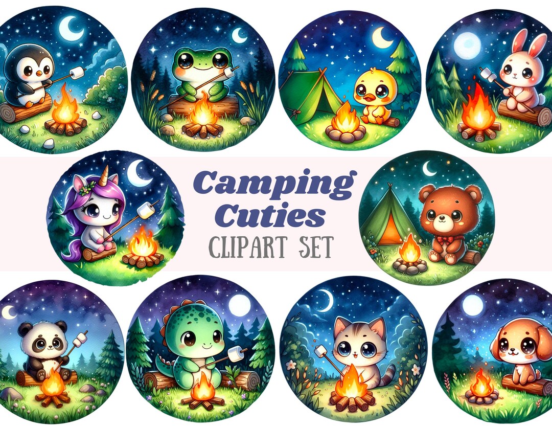 Watercolour Camping Animal Clipart Cute Camp Fire Scene PNG Digital ...
