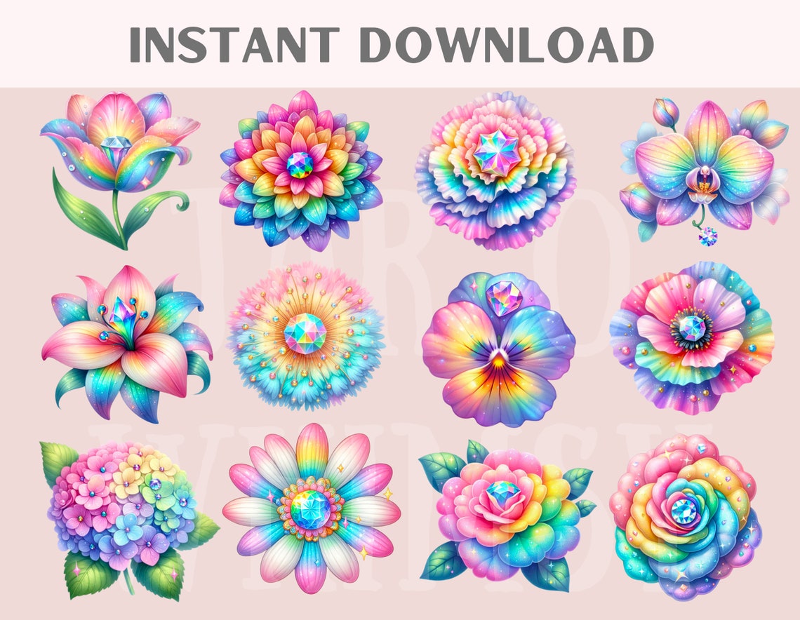 Watercolour Rainbow Flowers Clipart Spring Flower Elements PNG Digital ...