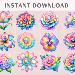 Watercolour Rainbow Flowers Clipart Spring Flower Elements PNG Digital ...