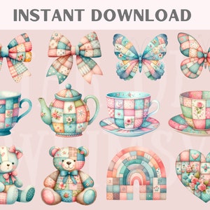 Watercolour Pretty Patchwork Clipart Pastel Quilt PNG Digital Image ...