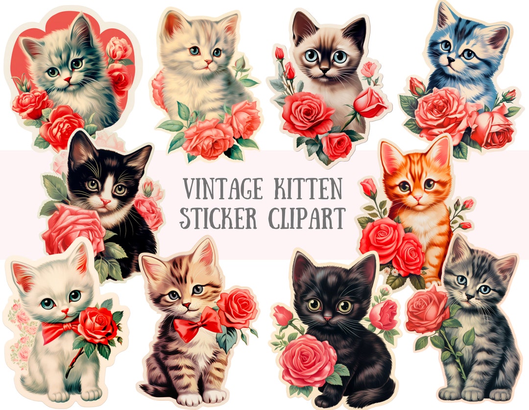 Watercolour Vintage Kitten Sticker Clipart Retro Cat PNG Digital Image ...