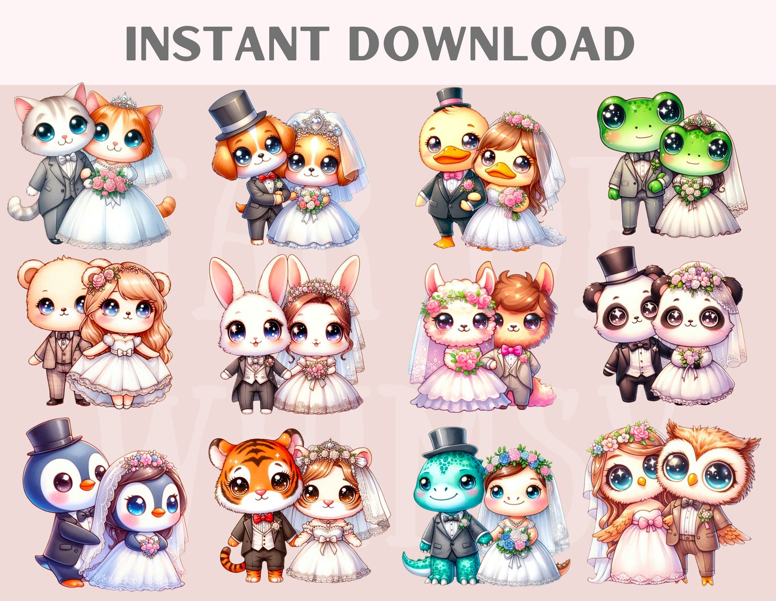 Watercolour Wedding Animal Couples Clipart Bridie and Groom PNG Digital ...