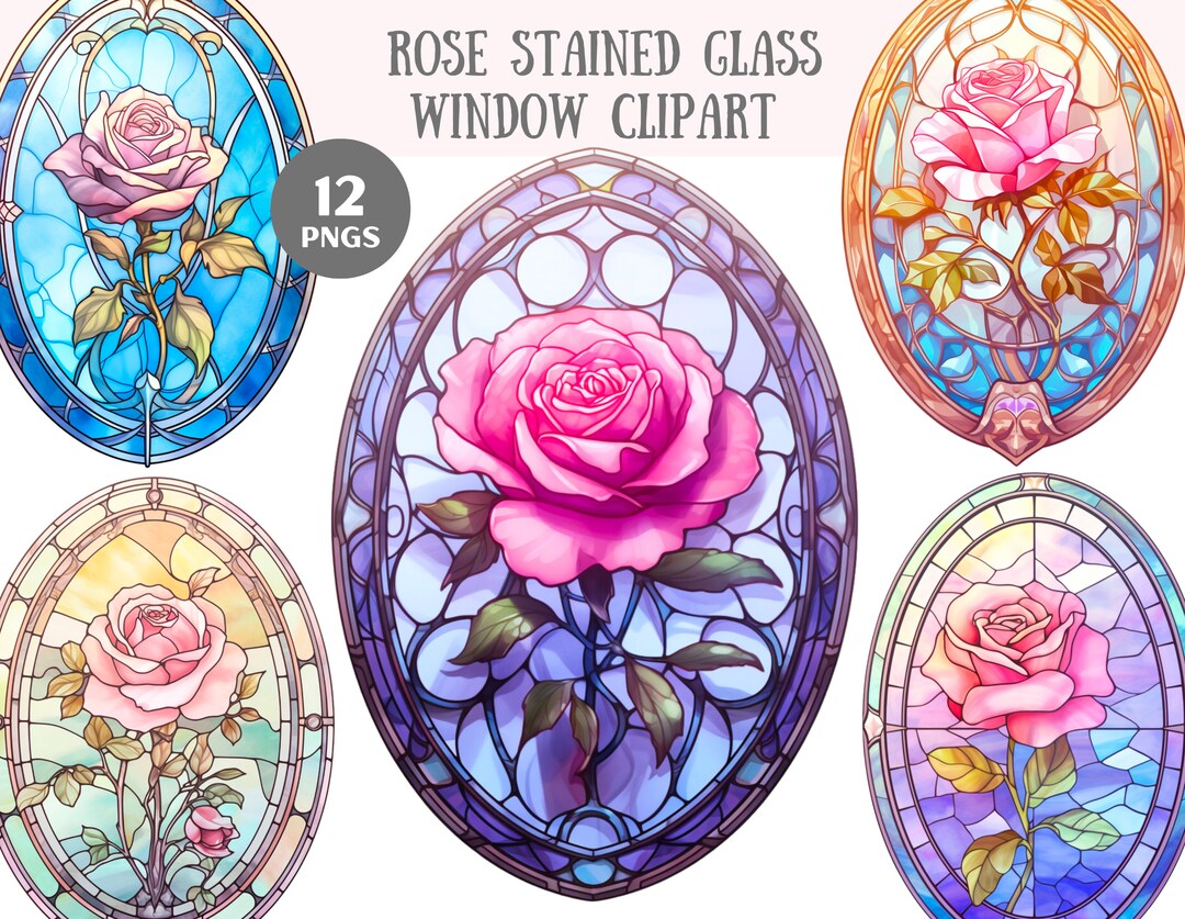 Watercolour Rose Stained Glass Window Clipart Rose Window PNG Digital ...