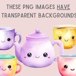Watercolour Kawaii Tea Time Clipart Cute Teacup Teapot PNG Digital ...