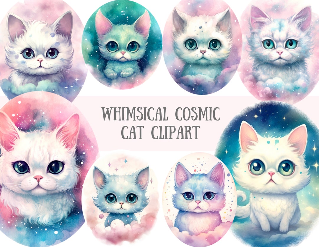 Watercolour Whimsical Cosmic Cats Clipart Kawaii Cat PNG Digital Image ...