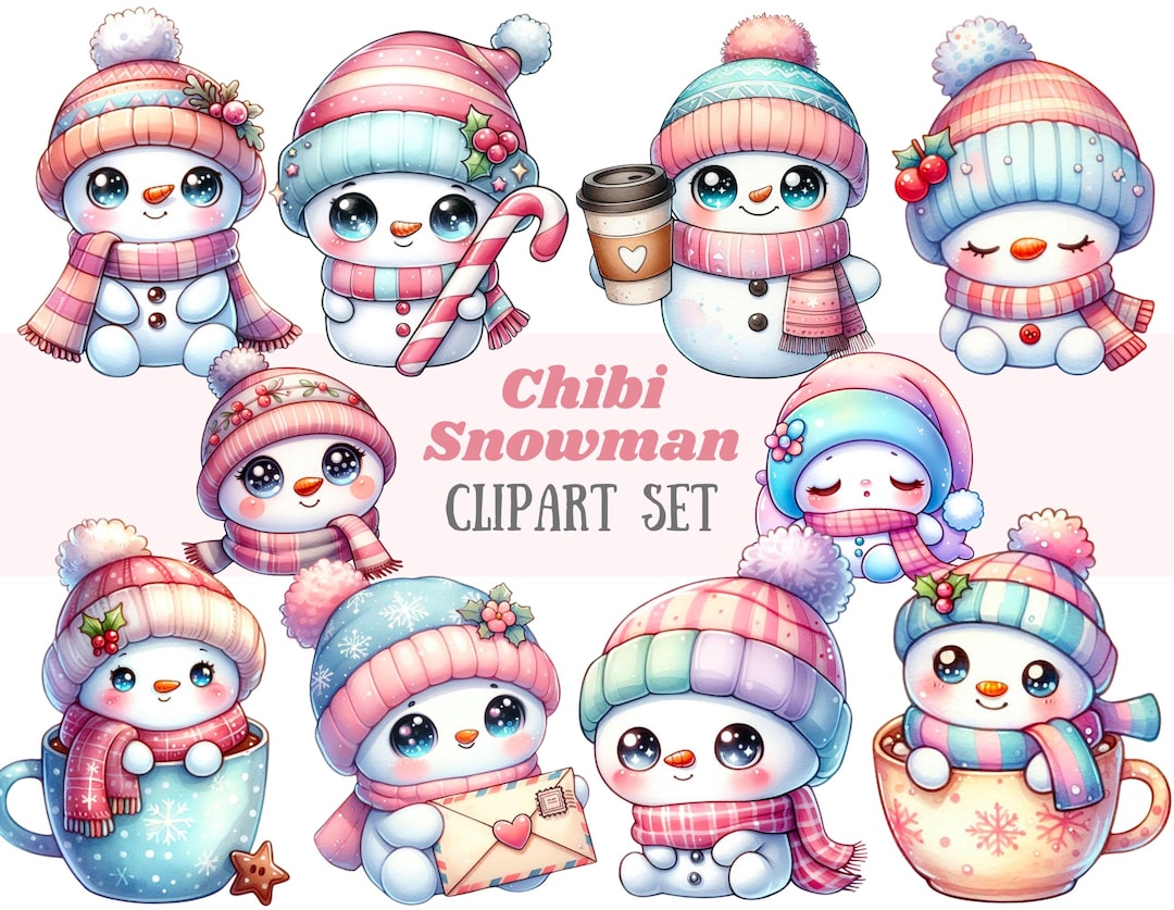 Watercolour Chibi Snowman Clipart Cute Xmas Snowmen PNG Digital Image ...