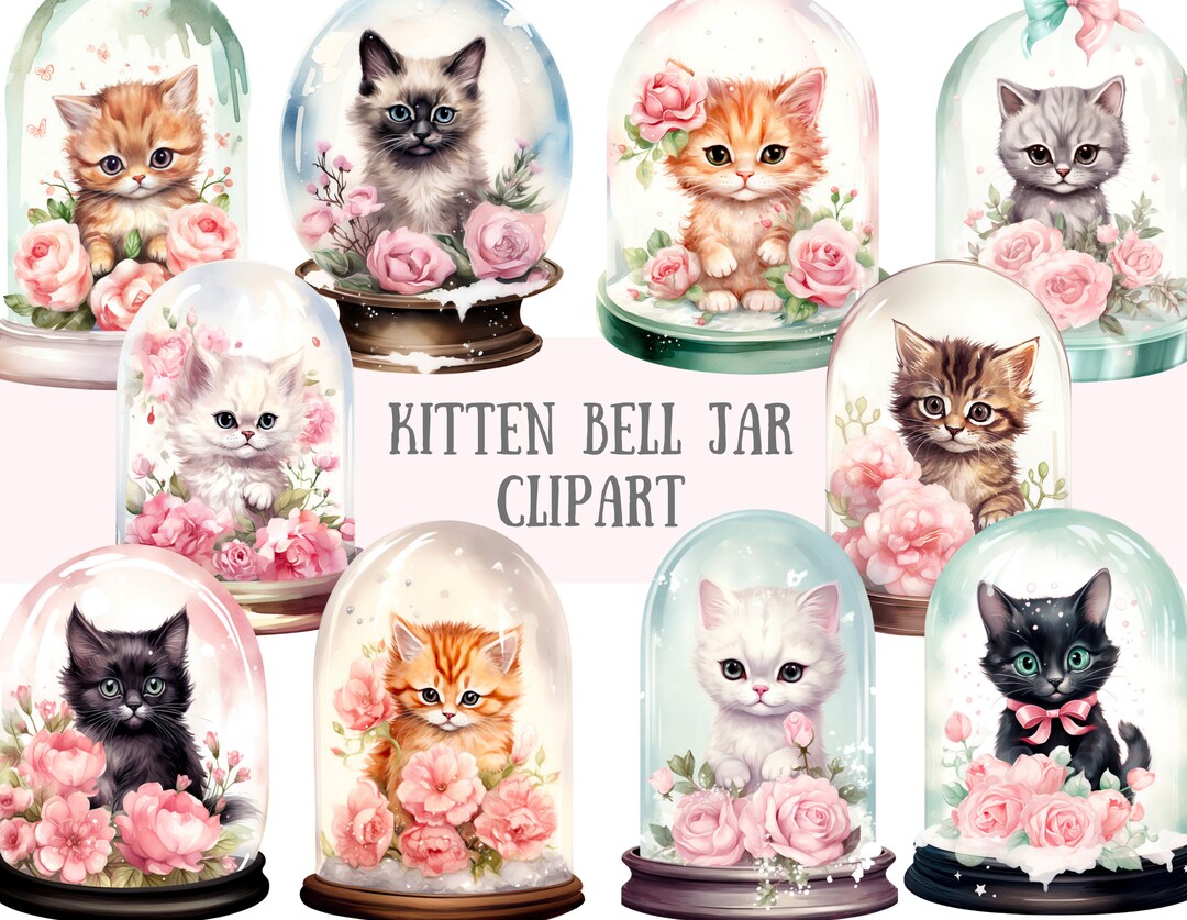 Watercolour Shabby Chic Kitten Bell Jar Clipart Kawaii Cat PNG Digital ...