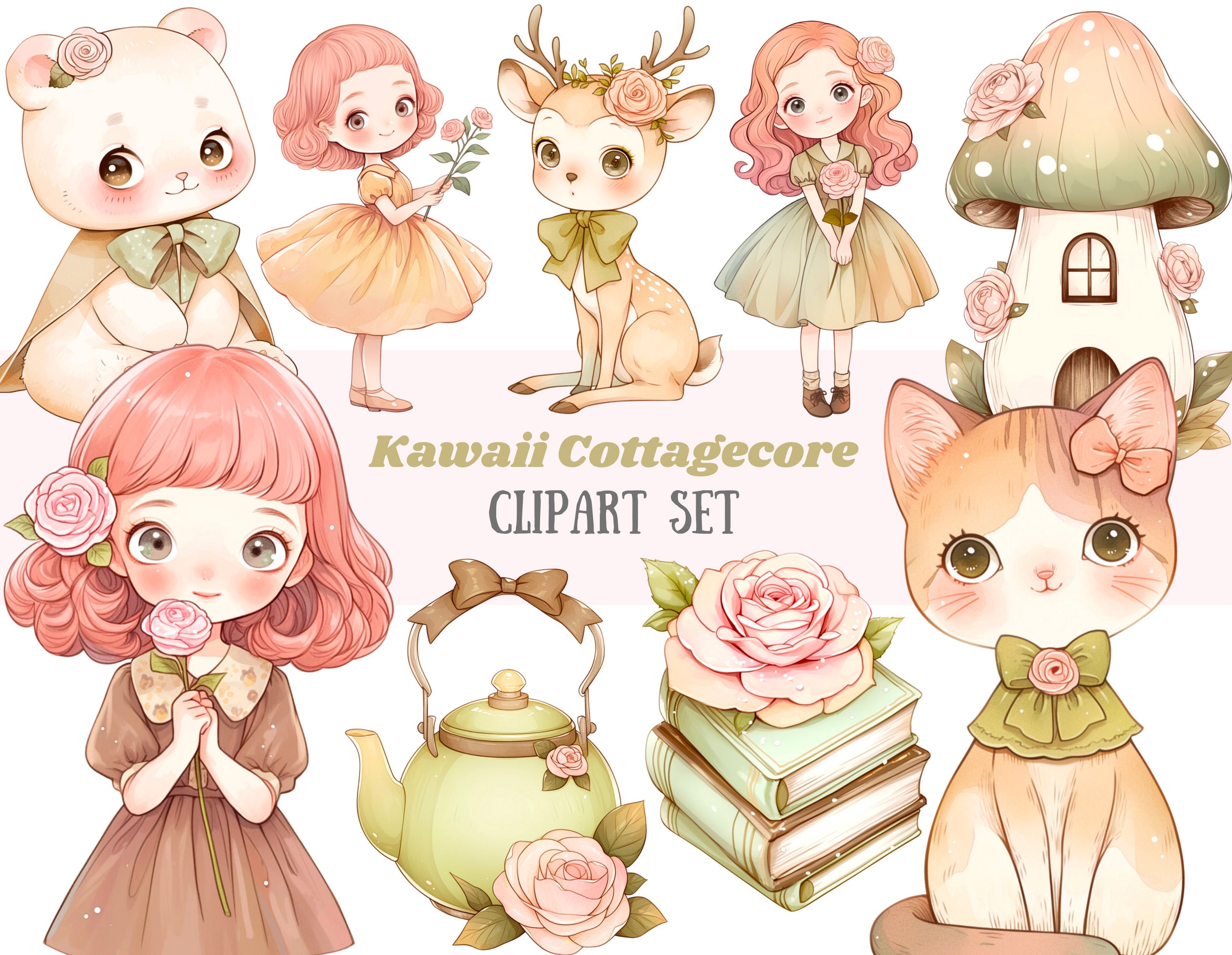 Watercolour Cottagecore Clipart Kawaii Cute Cottage Core Girl PNG ...