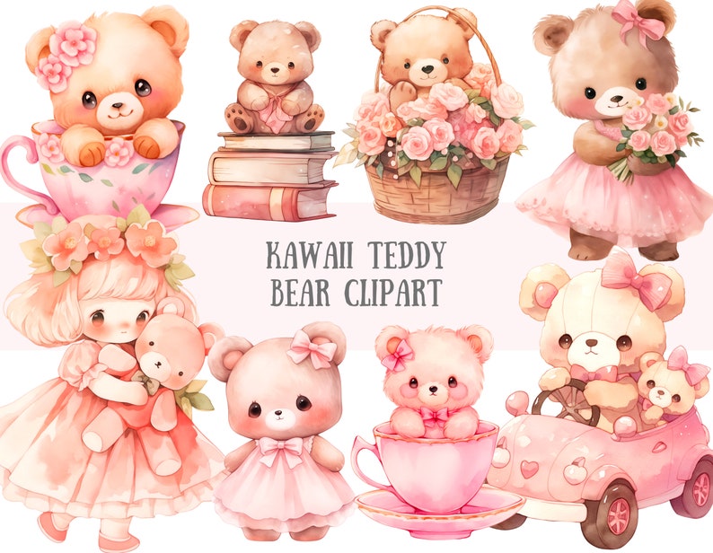 Watercolour Kawaii Teddy Bear Clipart Cute Pink Bears PNG Digital Image ...