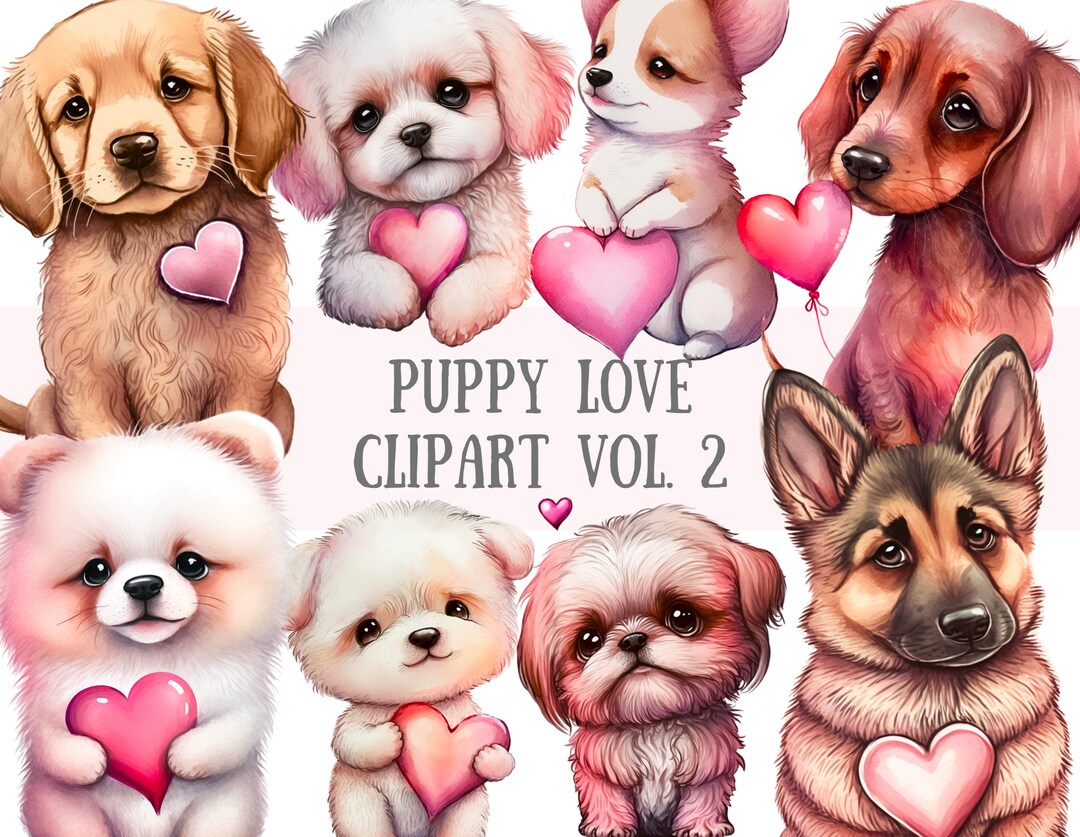 Watercolour Puppy Love Clipart - Valentines Day Dog Heart PNG Digital ...