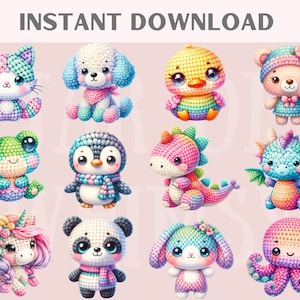 Watercolour Crochet Animal Clipart Cute Amigurumi Crochet Yarn PNG ...