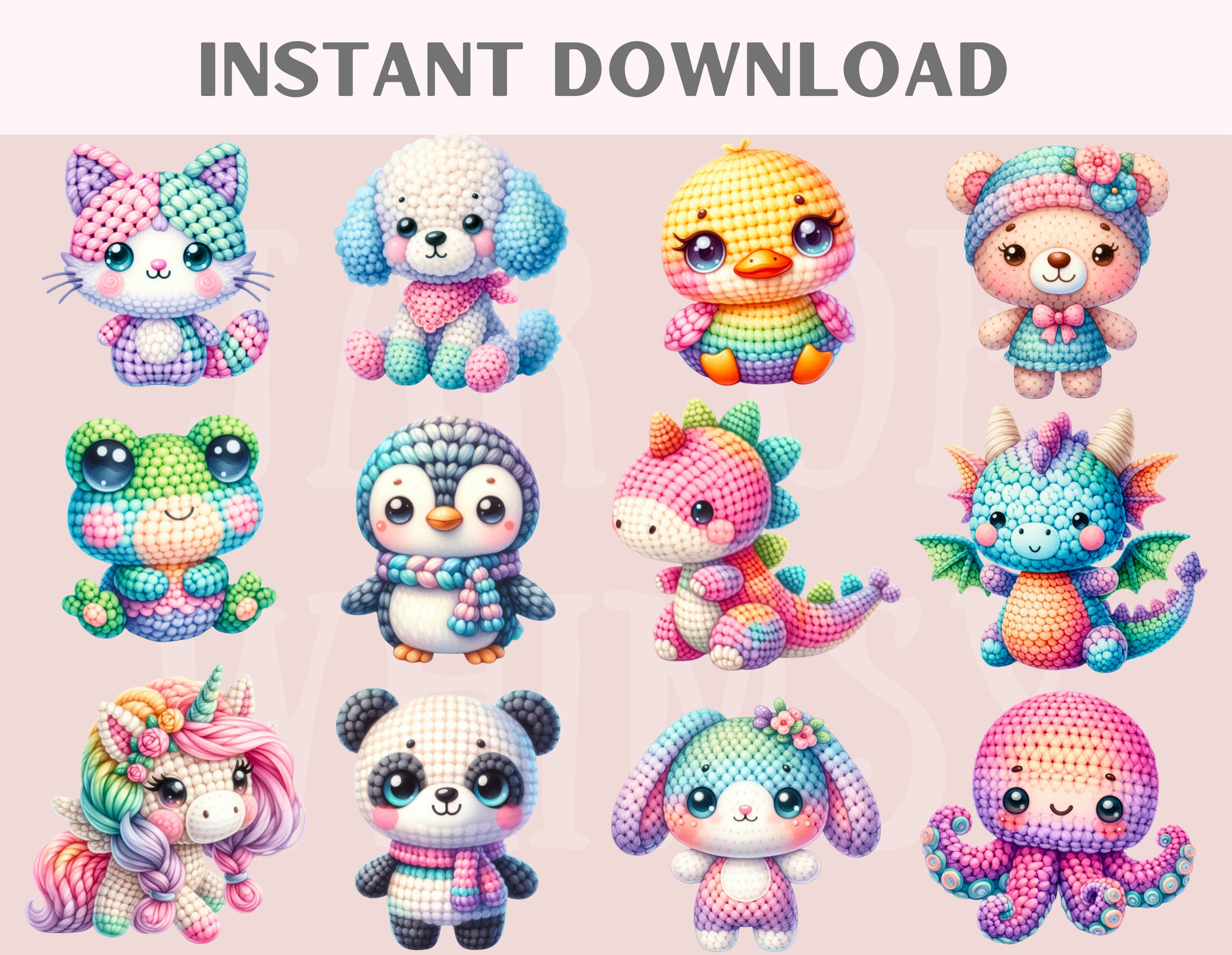 Watercolour Crochet Animal Clipart Cute Amigurumi Crochet Yarn PNG ...