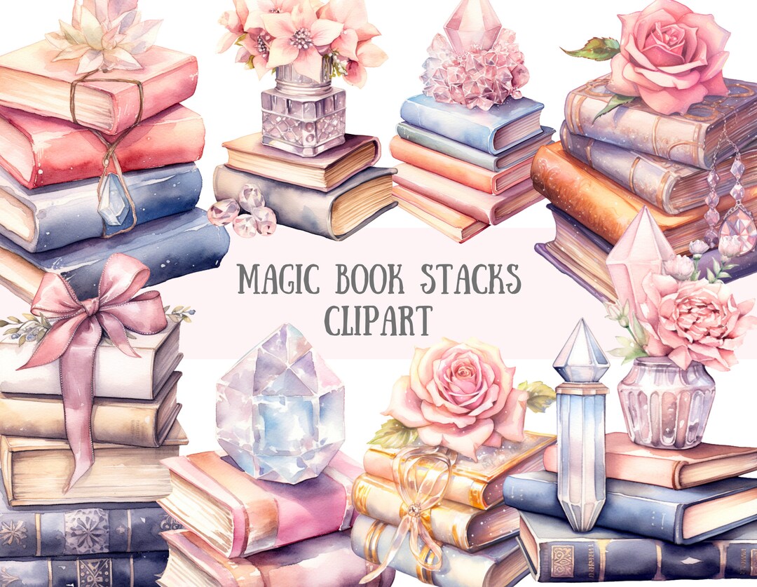 Watercolour Magic Book Stack Clipart Bookcase Bookworm PNG Digital ...