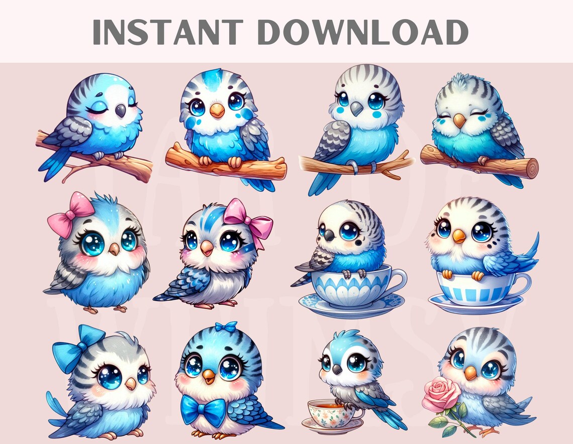 Watercolour Blue Budgie Clipart Chibi Pet Bird Blue Budgerigar PNG ...