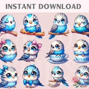 Watercolour Blue Budgie Clipart Chibi Pet Bird Blue Budgerigar PNG ...