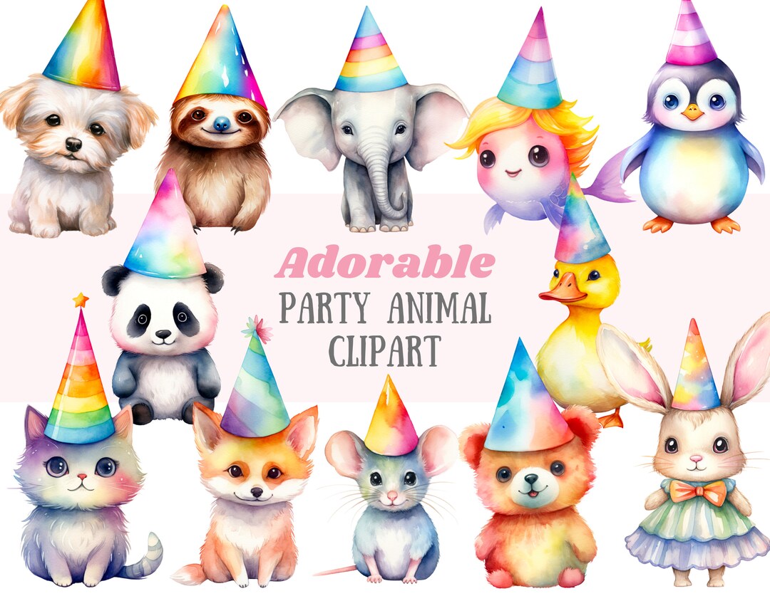 Watercolour Party Animal Clipart Cute Rainbow Birthday Party PNG ...