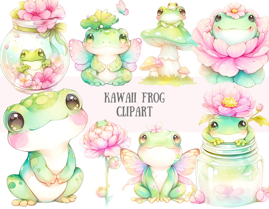 Watercolour Kawaii Frog Clipart Super Cute Chibi Frog Lily Pad PNG ...