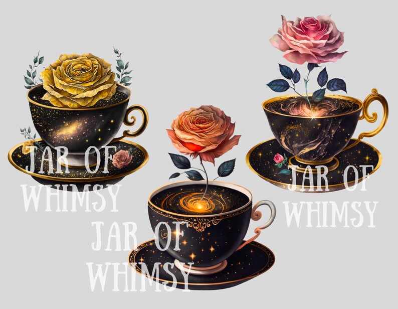 Watercolour Galaxy Rose Teacup Clipart Fantasy Tea Party PNG Digital ...