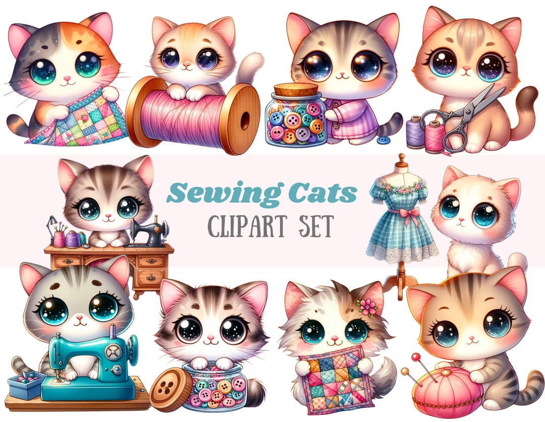 Watercolour Sewing Cat Clipart Cute Seamstress Cat Sewing PNG Digital ...