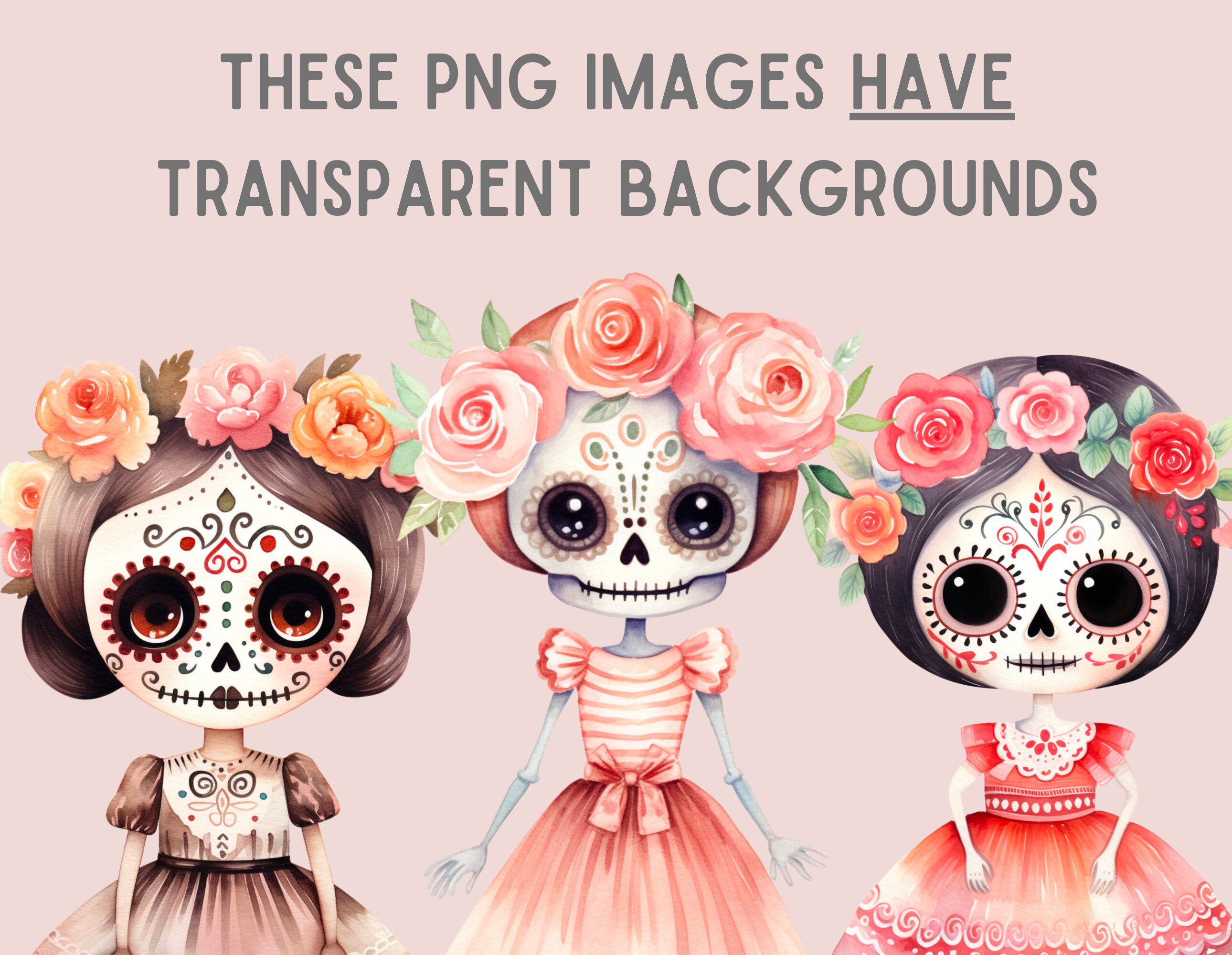 Watercolour Cute Calavera Clipart Paper Doll Sugar Skull PNG Digital ...