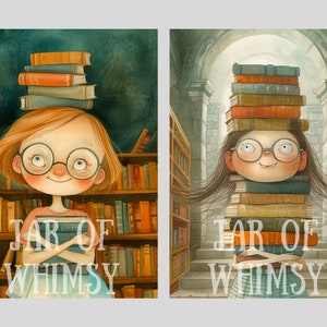 Watercolour Quirky Librarian Clipart Whimsical Book Lover JPG Digital ...