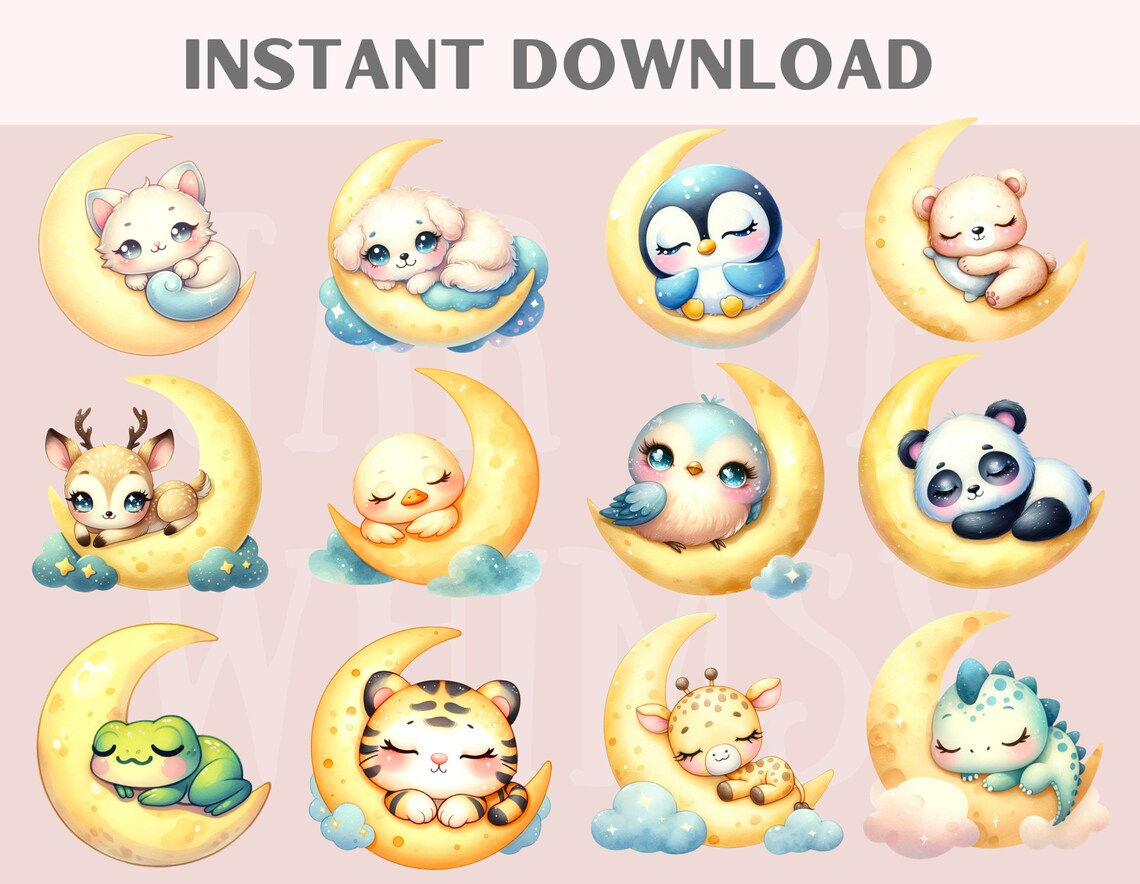Watercolour Sleepy Moon Animal Clipart Nursery Baby Animal PNG Digital ...