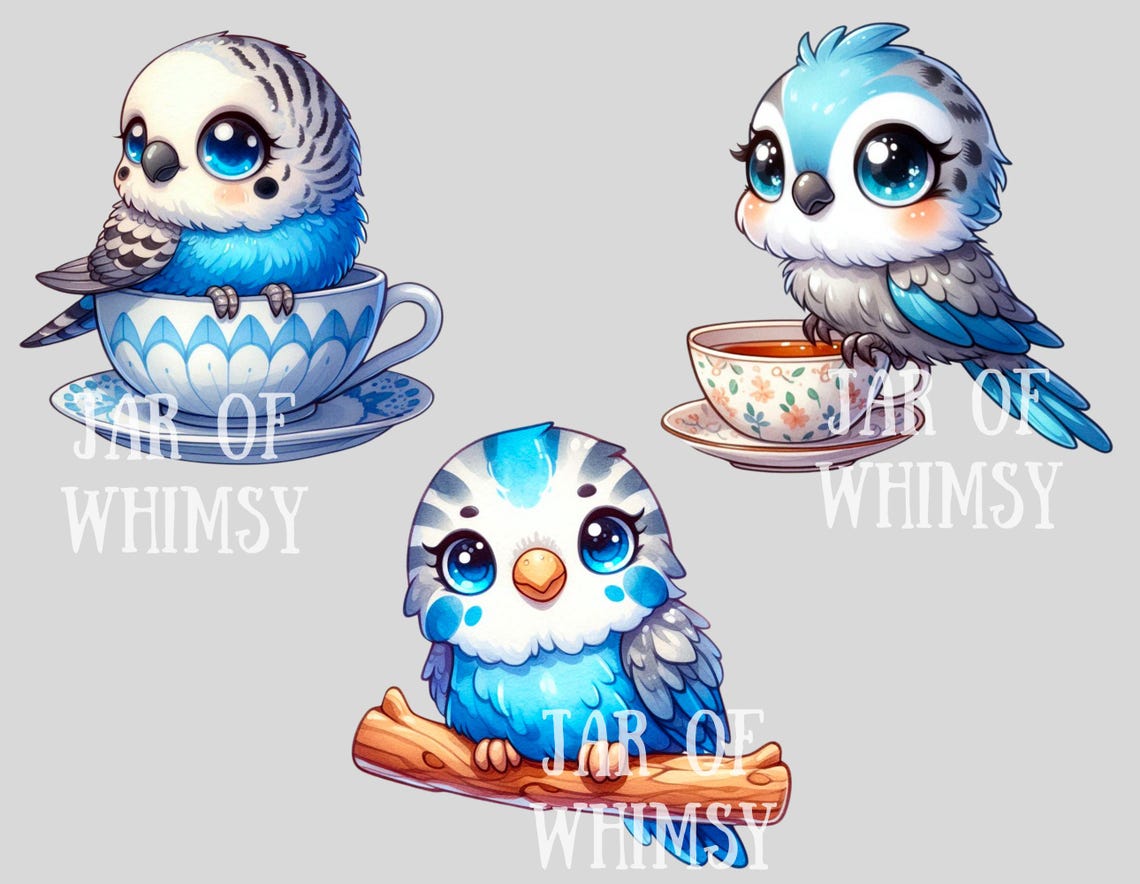 Watercolour Blue Budgie Clipart Chibi Pet Bird Blue Budgerigar PNG ...