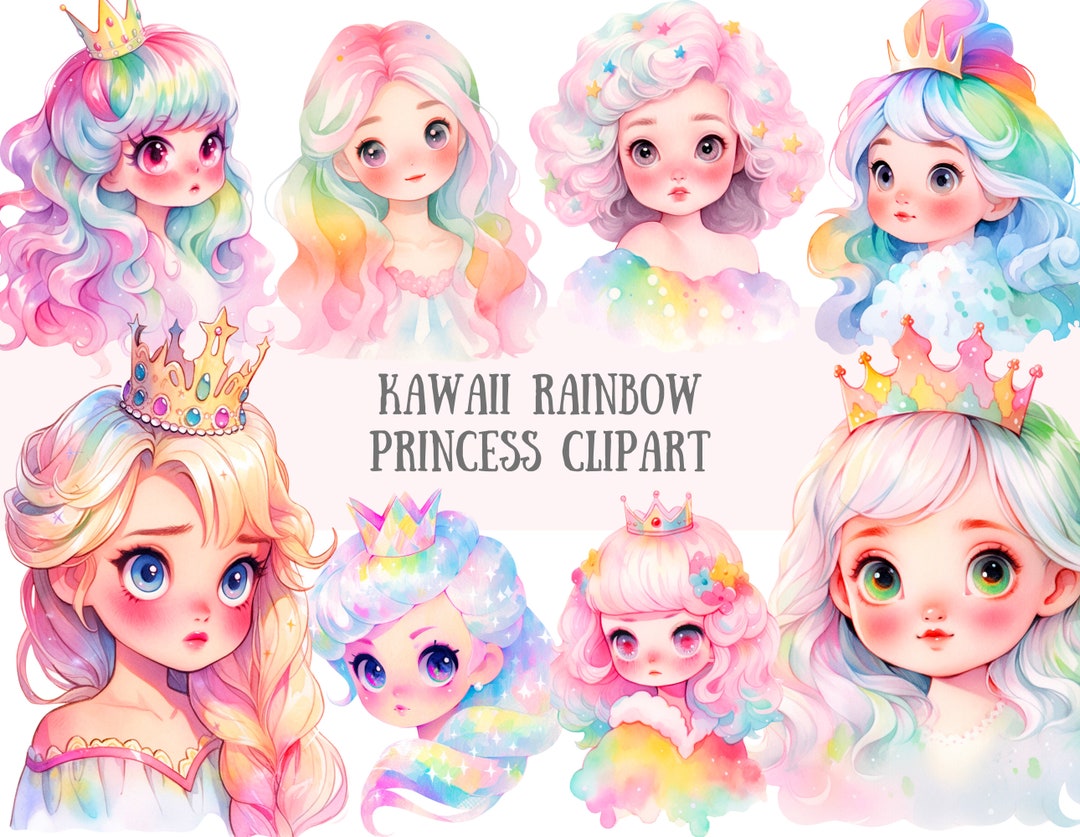Watercolour Kawaii Rainbow Princess Clipart Cute Anime Girl PNG Digital ...
