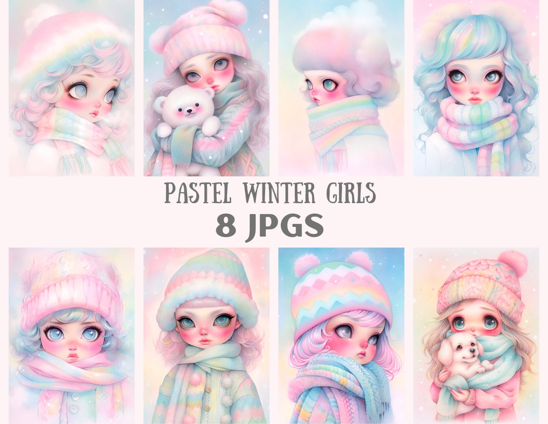 Watercolour Pastel Winter Girl Clipart Cute Big Eyed Girl JPG Digital ...