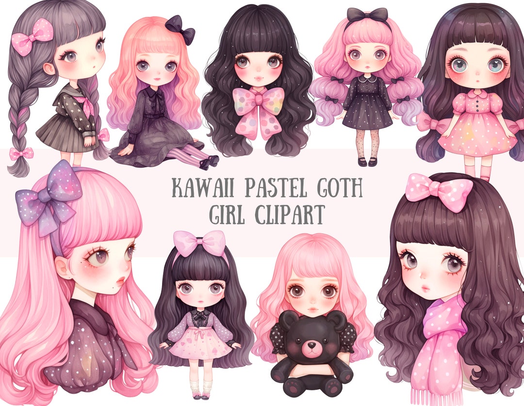 Watercolour Kawaii Pastel Goth Girl Clipart Cute Chibi Girl PNG Digital ...