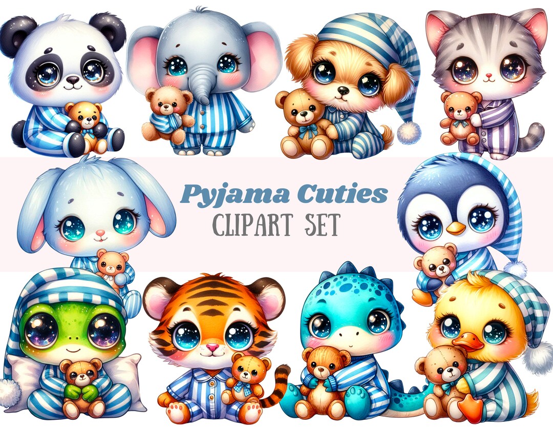 Watercolour Pyjama Animal Clipart Bed Time Nursery Animal PNG Digital ...