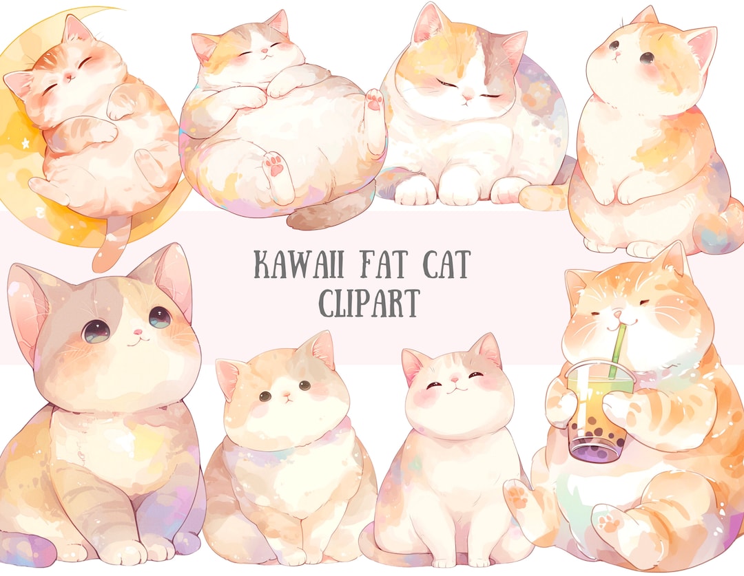 Watercolour Kawaii Fat Cat Clipart Cute Chubby Chonk Cat PNG Digital ...