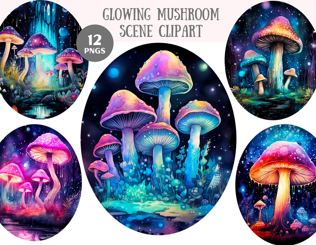 Watercolour Glowing Mushroom Clipart Fairy Toadstools PNG Digital Image ...
