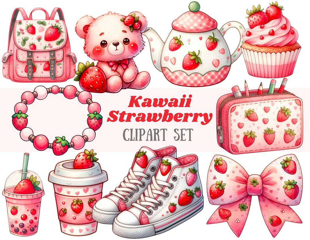 Watercolour Kawaii Strawberry Clipart Cute Chibi Strawberry PNG Digital ...