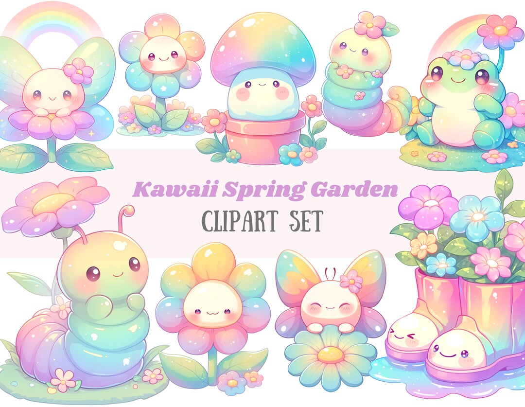 Watercolour Kawaii Spring Garden Clipart Cute Rainbow Spring PNG ...