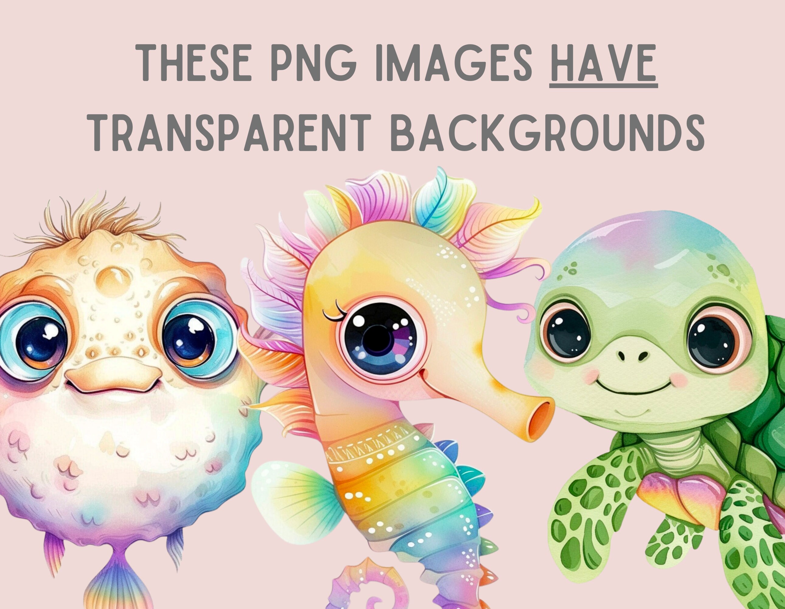 Watercolour Cute Sea Creature Clipart Kawaii Sea Animals PNG Digital ...