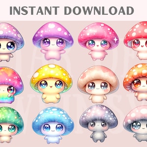 Watercolour Chibi Mushroom Clipart Kawaii Mushroom Toadstools PNG ...