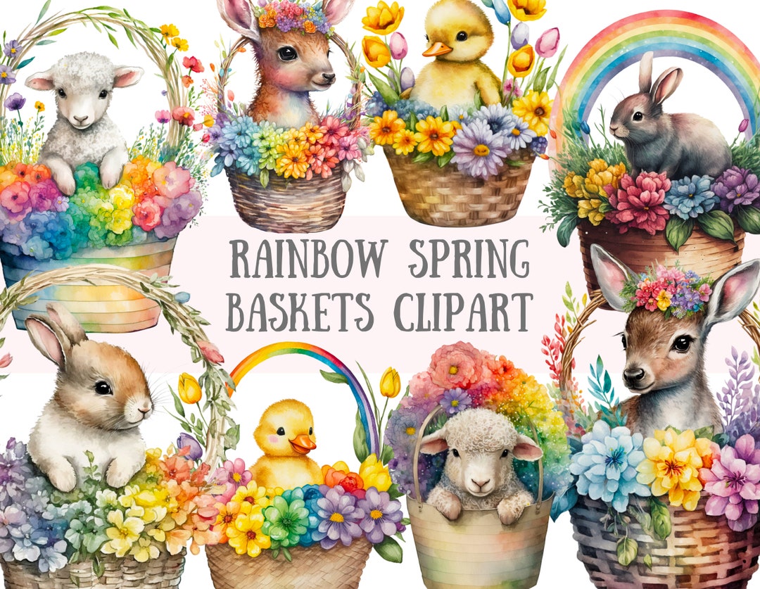 Watercolour Rainbow Spring Baskets Clipart - Easter Bunny PNG Digital ...