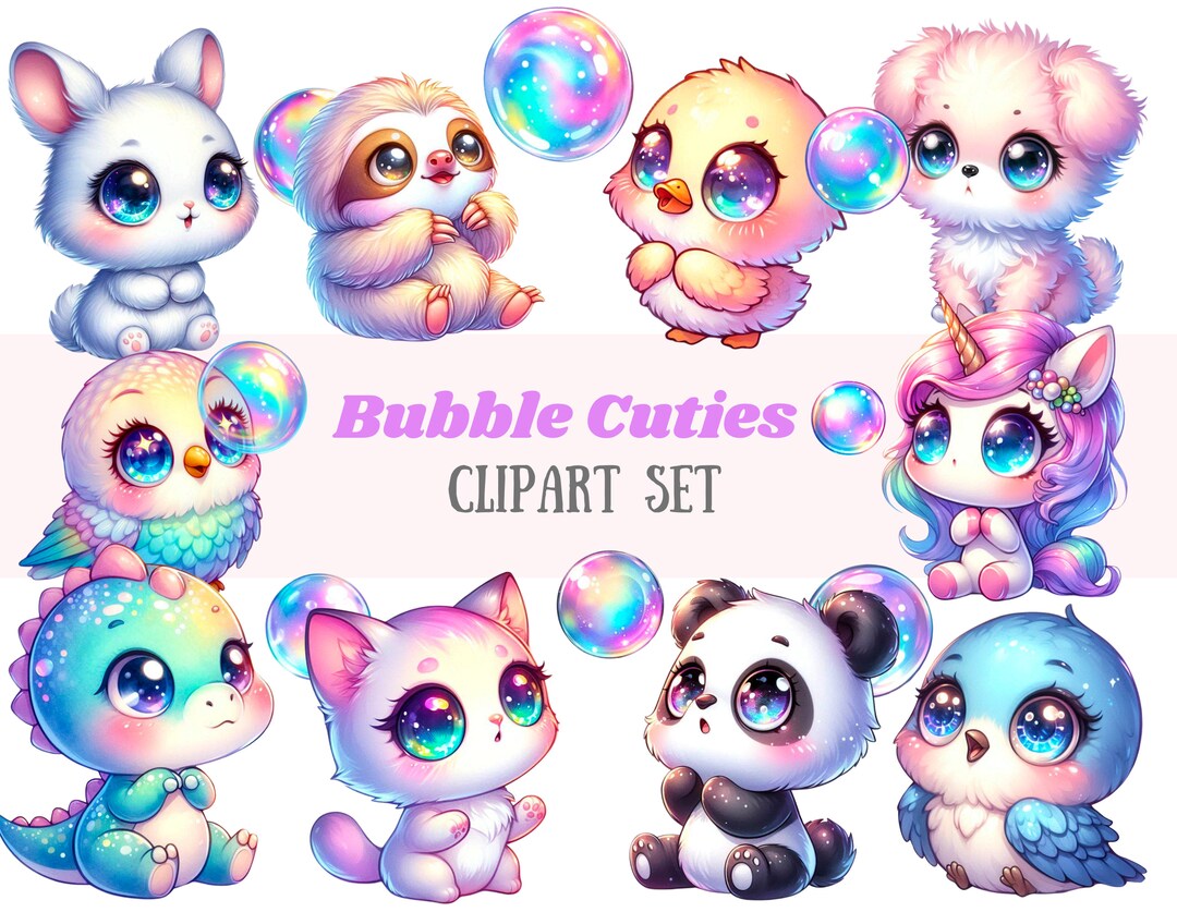 Watercolour Cute Bubble Clipart Irridescent Bubble Animals PNG Digital ...