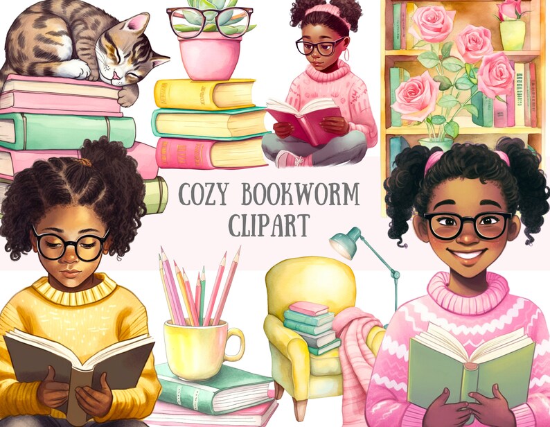 Watercolour Cozy Bookworm Clipart Book Lover Booknook PNG Digital Image ...