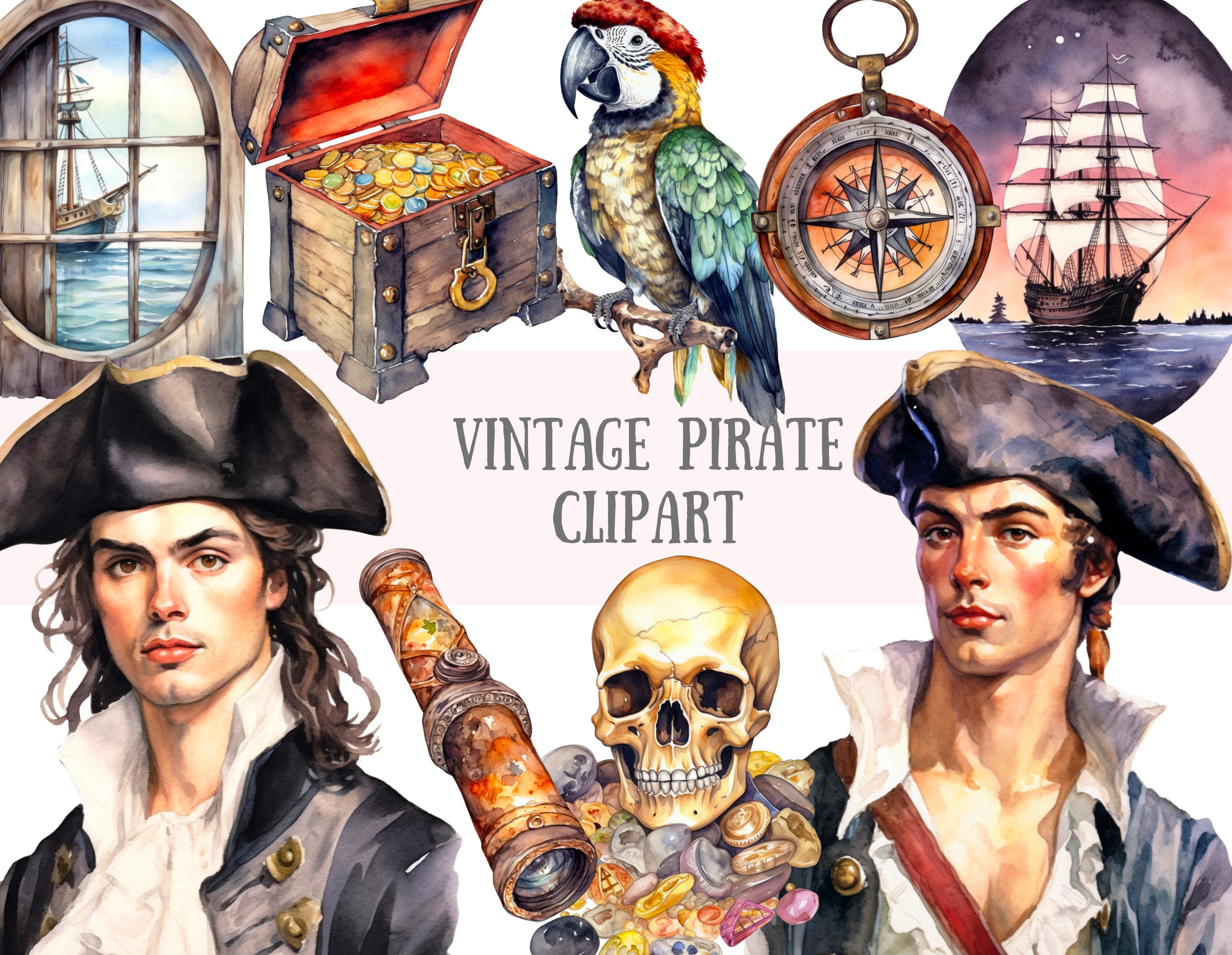 Watercolour Vintage Pirate Clipart Ship Parrot Treasure PNG - Etsy