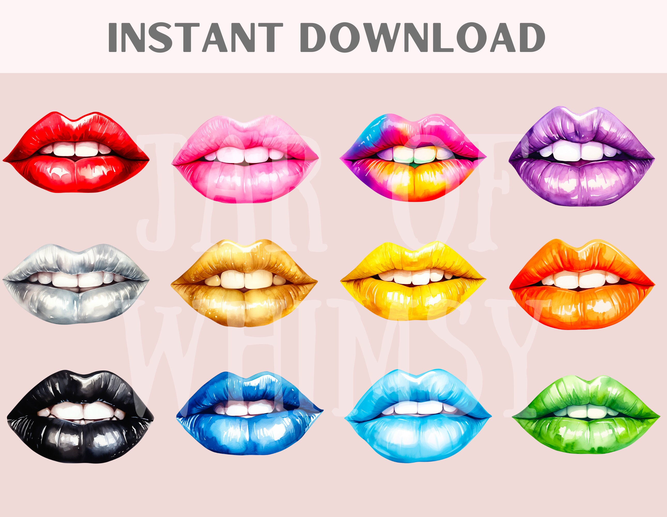 Watercolour Lips Clipart Colourful Lipstick Makeup Graphics PNG Digital ...
