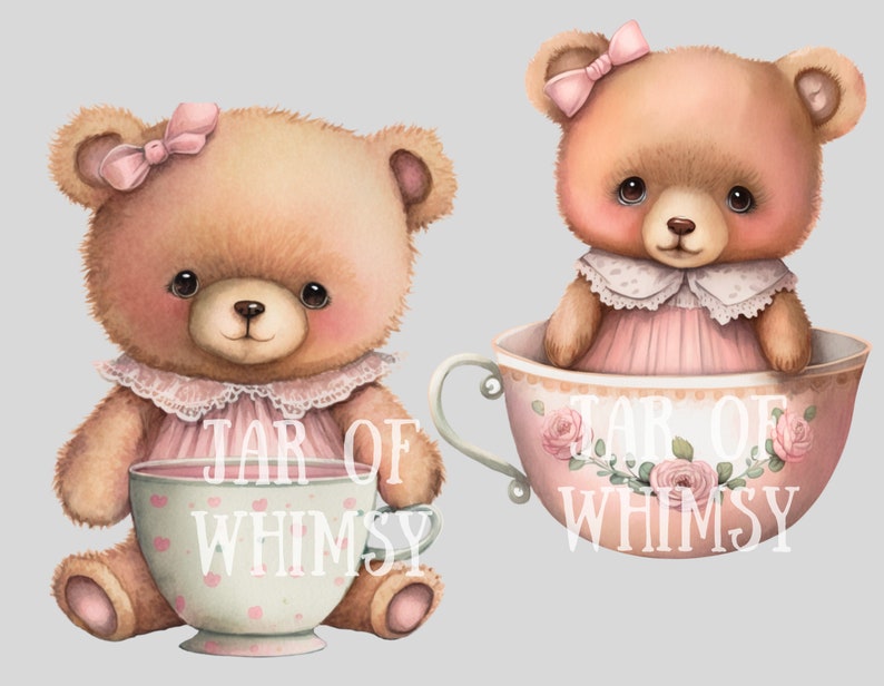 Watercolour Teddy Bear Tea Party Clipart Pink Baby Bear PNG - Etsy